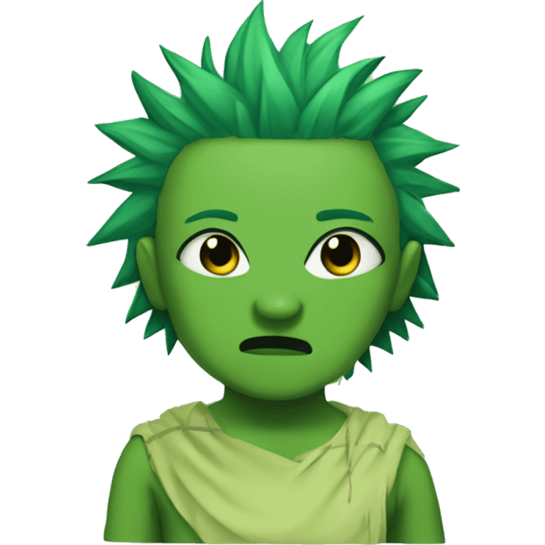chibi green-skinned character with spiky green hair, a sad expression ...