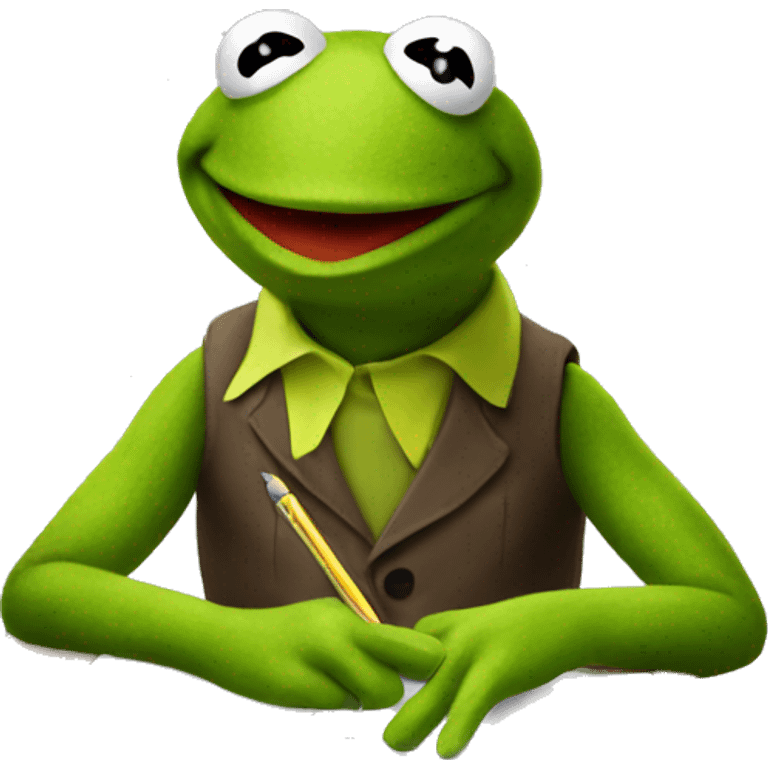 Kermit the Frog doing homework emoji | AI Emoji Generator