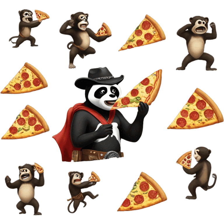 Cowboy panda eating pizza while on the phone with a ninja monkey emoji