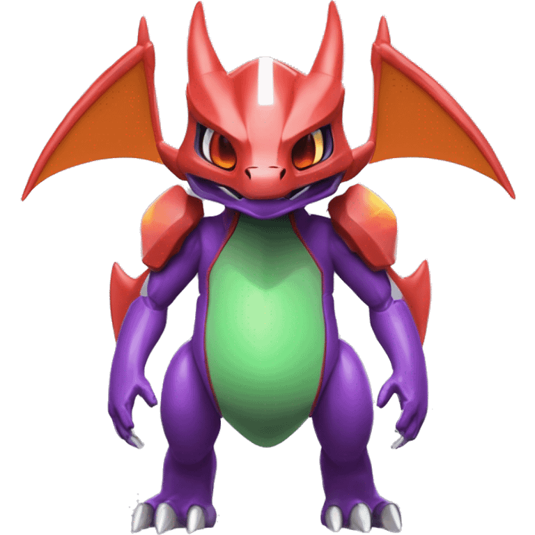 a shiny purple-green-red Genesect-Charizard-Raptor-Fakémon—hybrid with ...