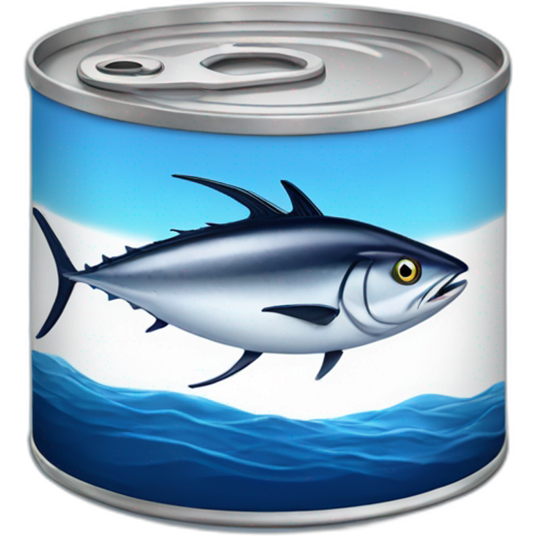 Realistic small can of tuna showing a blue sailling boat on a sea ...
