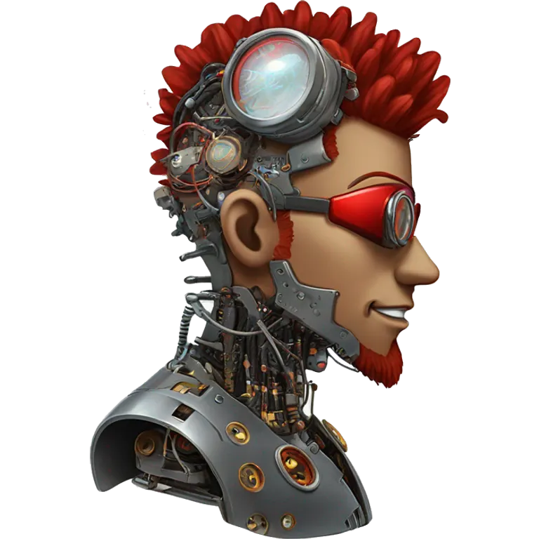 cyborg head with red Mohawk, red beard. silver steampunk monocle ...