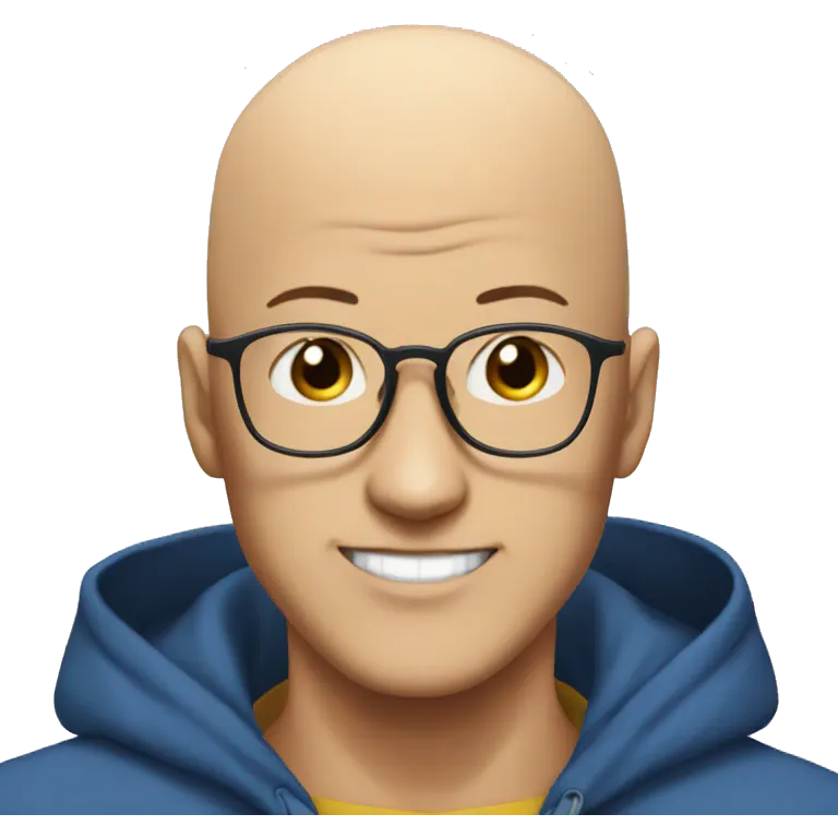 bald saitama in his 30s wearing glasses, smiling, in a blue hoodie ...