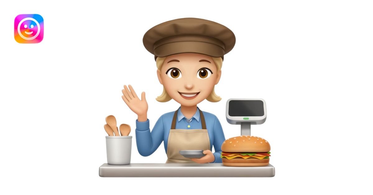 A 3D cartoon deli worker wearing an apron and hat, serving a customer ...