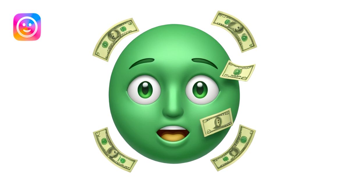3D glossy money emoji, dollar-sign eyes, cash flying out of mouth ...