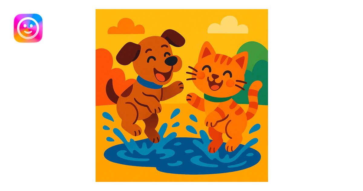 two cute animals splashing in a puddle, playful, vibrant colors ...
