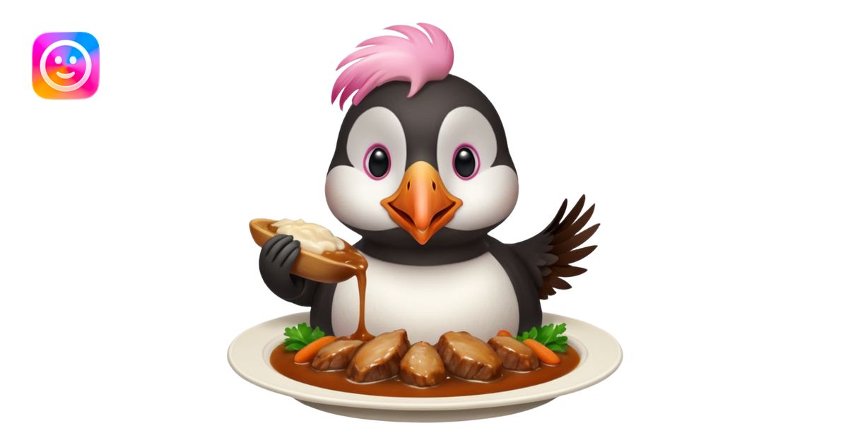 pink-colored puffin eating roast dinner emoji | AI Emoji Generator