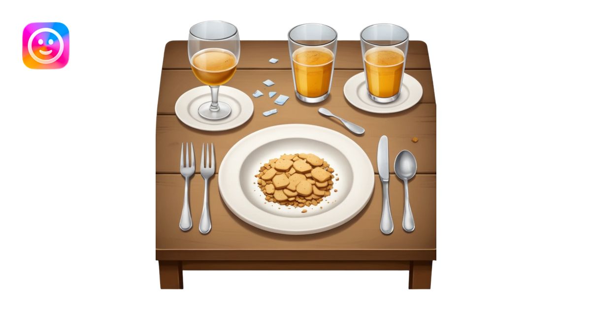 dirty table with empty plates and glasses emoji | AI Emoji Generator