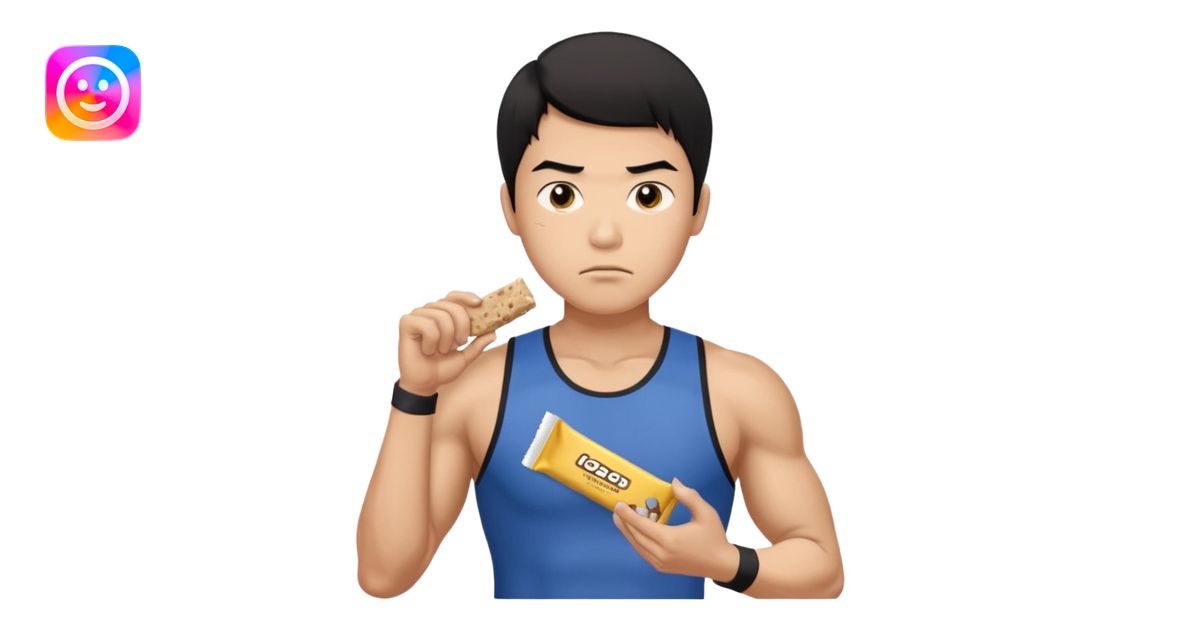 A asian male athlete holding a protein bar and frowning deeply emoji ...