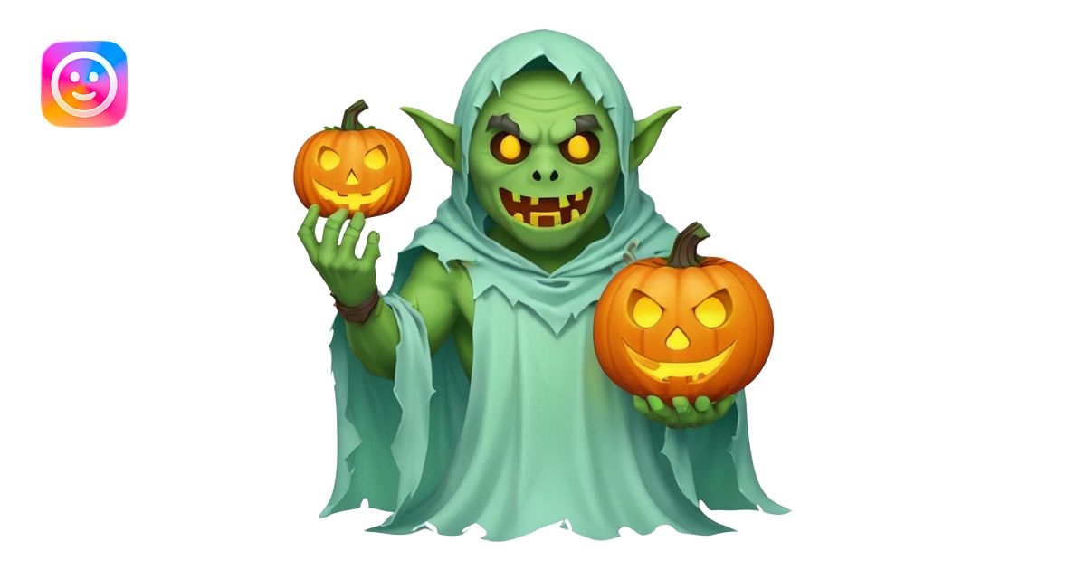 male orc ghost emoji, green skin, tusks, wearing torn white ghost sheet ...
