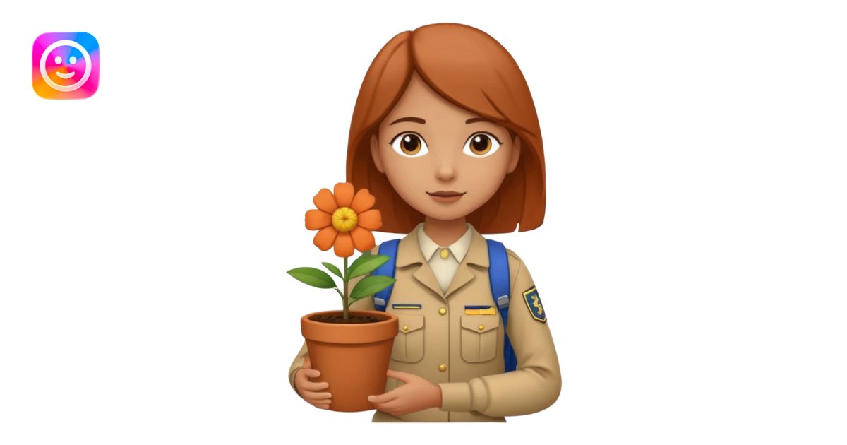 young girl wearing packpack, wearing uniform, holding a flower pot ...