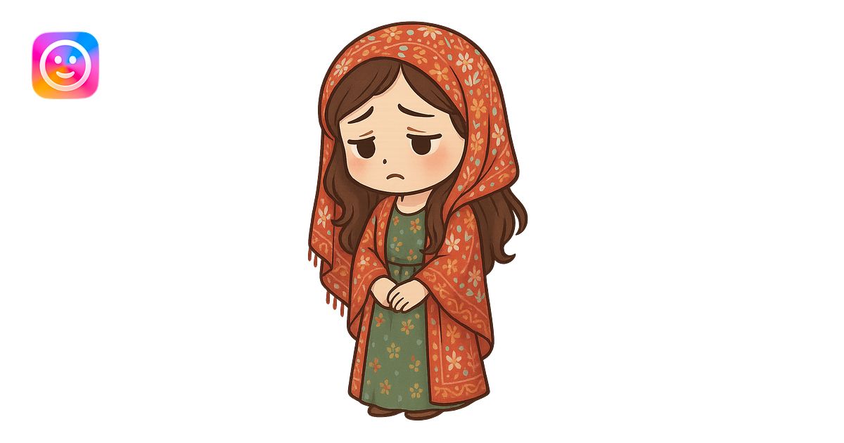 Kurdish woman in traditional dress jamadani, sad mood, cartoon style ...
