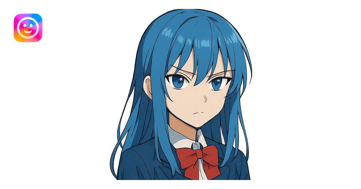 anime girl with blue hair, serious expression image | AI Emoji Generator