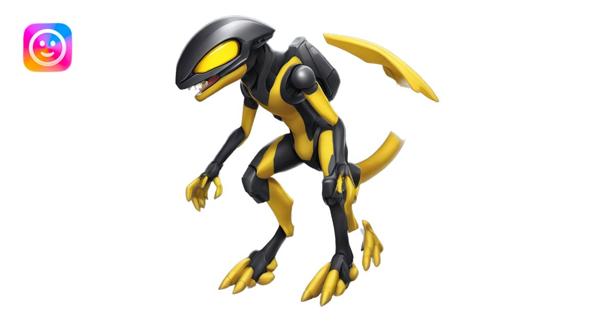a shiny black-yellow Genesect-Raptor-Fakémon—hybrid with a futuristic ...