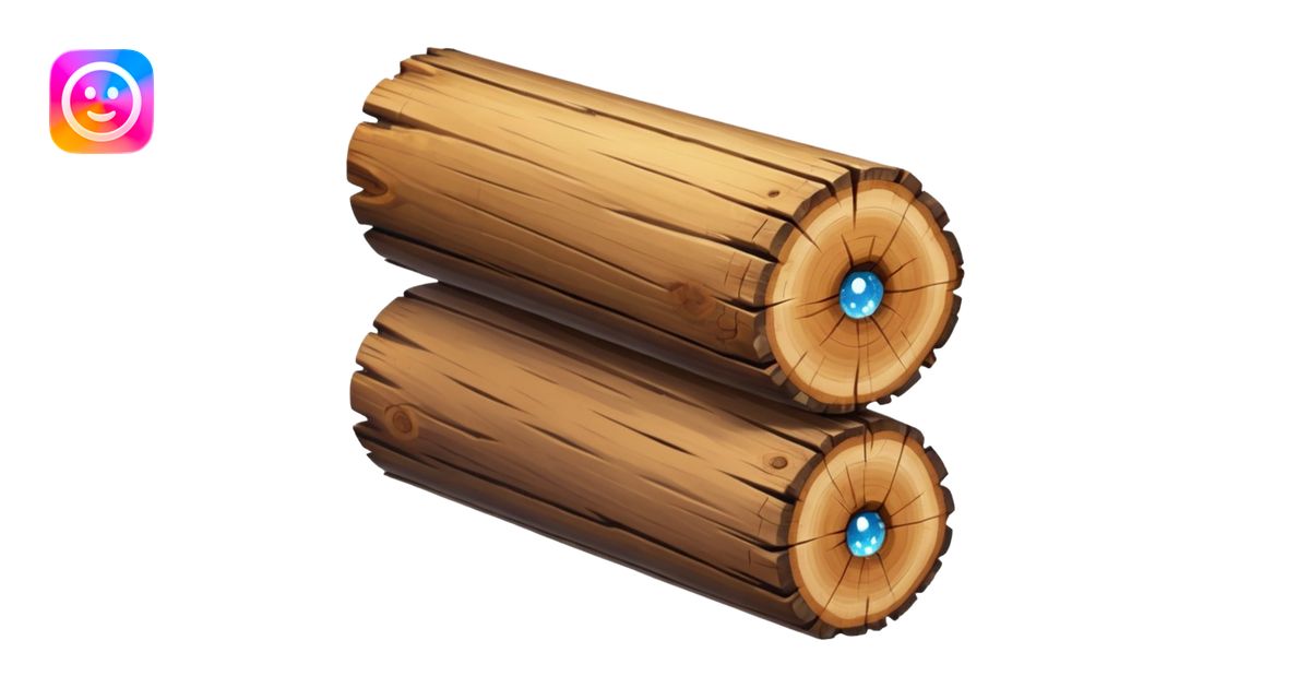 two logs, one propped up sideways on the bottom log, with a sparkle in ...