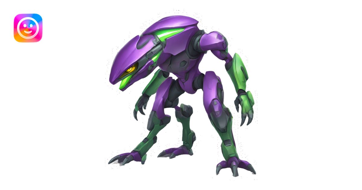 a purple-green Genesect-Raptor-Fakémon—hybrid with a futuristic visor ...