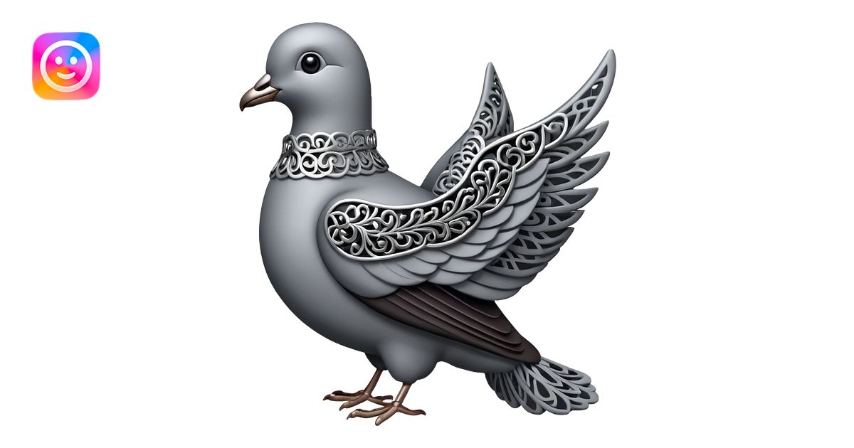 Black and silver filigree dove, 3D, extremely detailed design emoji ...