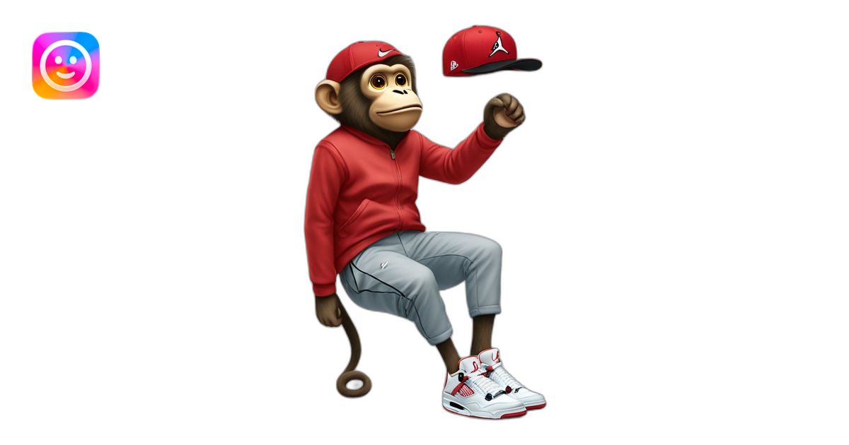 Monkey wearing Jordan 4 on its feet with a bunch of Nike clothes with a ...