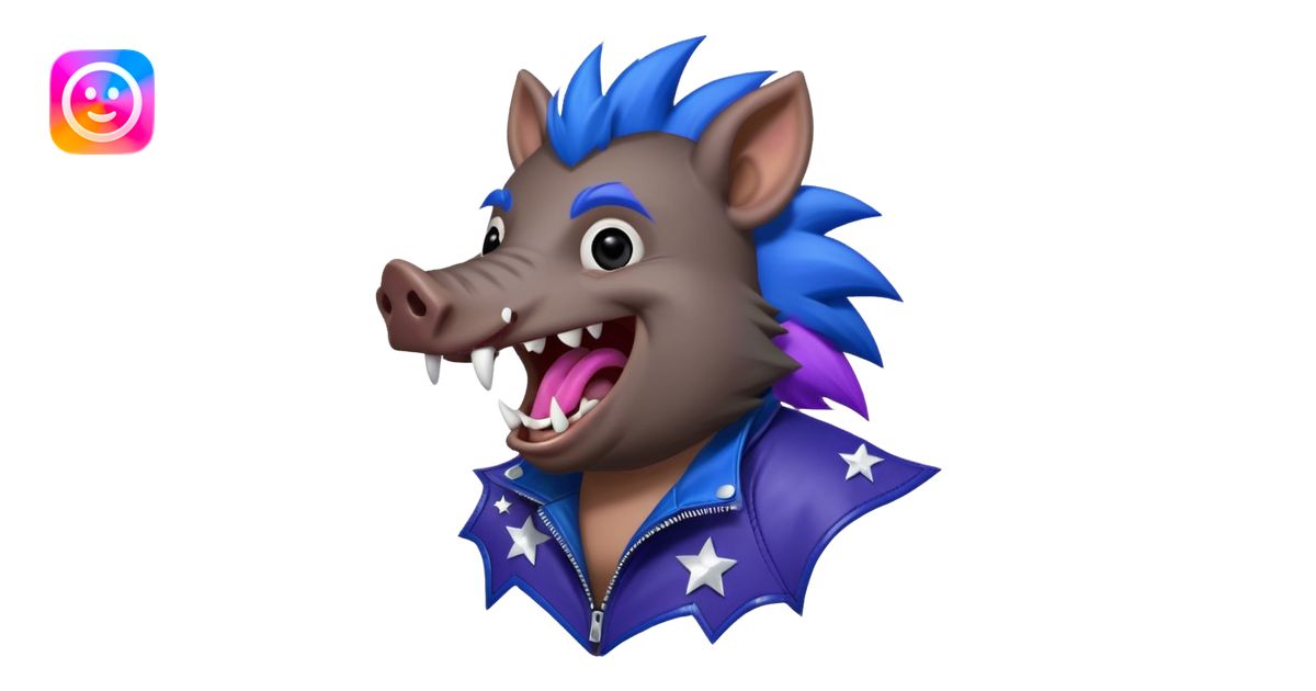Sticker,A wild boar laughing loudly with a dark blue mohawk with purple ...