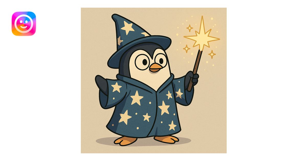 a cute penguin wizard with a starry robe and a wand, casting a spell ...