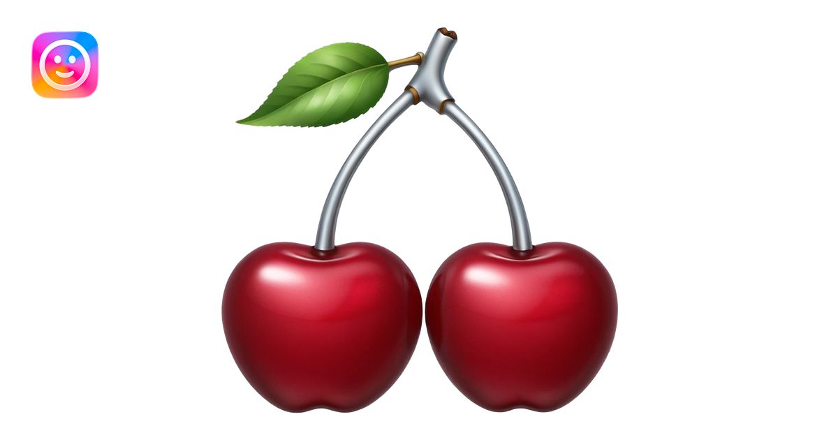 A pair of cherries emoji made of liquid silver chrome, smooth rounded ...