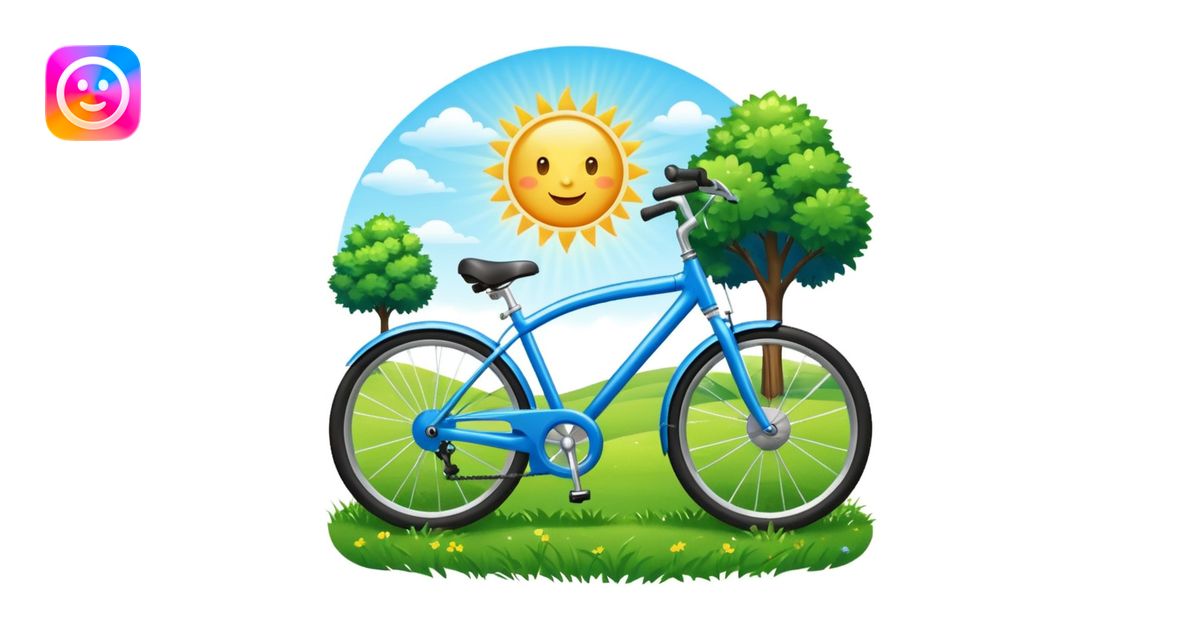 blue bike emoji with a park scene behind, green grass, sun in the sky ...