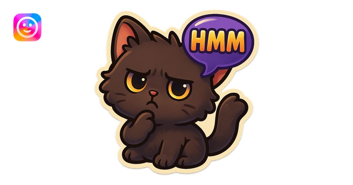 a dark-brown fluffy cute kawaii anime cat thinking frowning ...