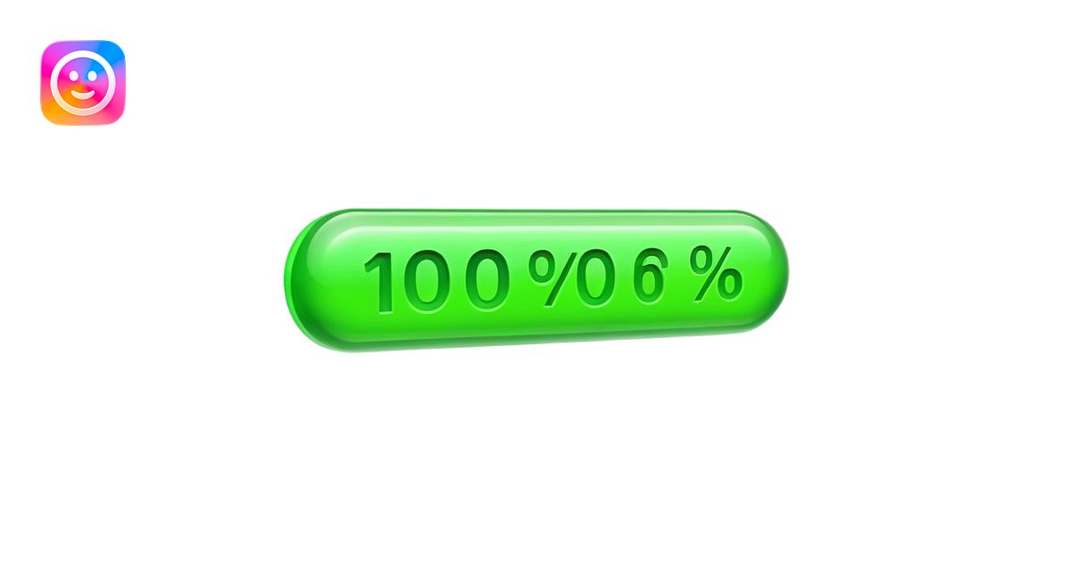 A 3D emoji of a horizontal progress bar filled 100% with bright green ...