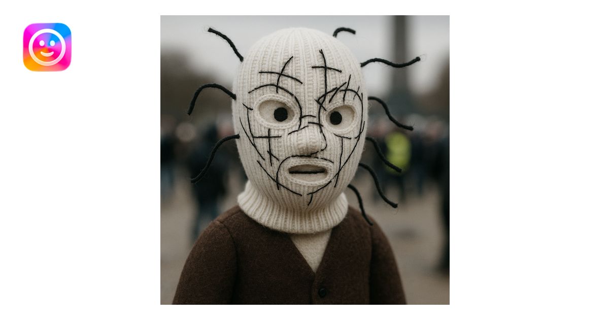 The mask is a full-head, white knitted balaclava with a tight ribbed ...