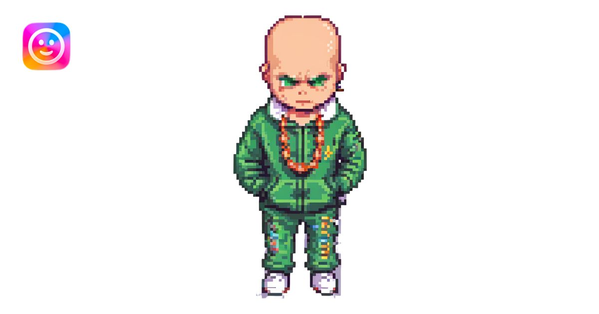Pixel art thug in tracksuit, holding chain, bald head, angry expression ...
