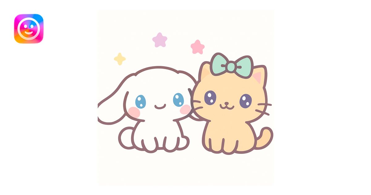 Cinnamoroll and a cat sitting side by side, pastel colors, kawaii style ...