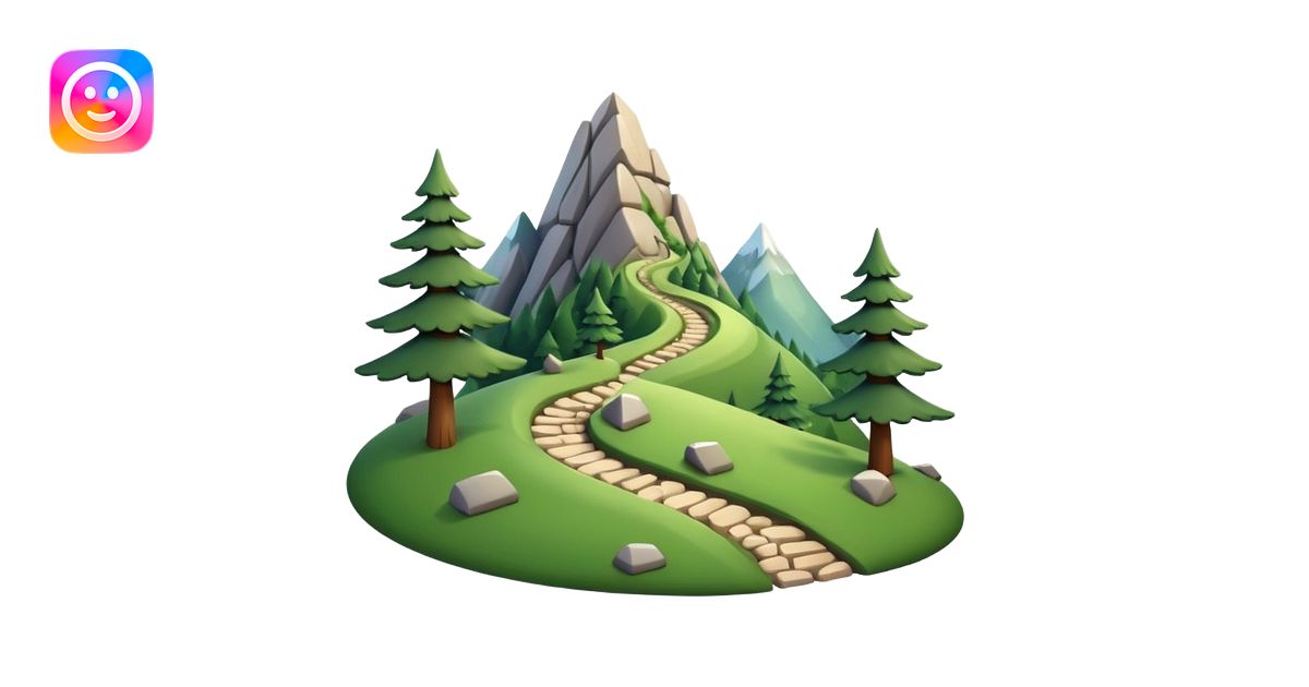 A 3D cartoon mountain trail winding up green slopes with stones and ...