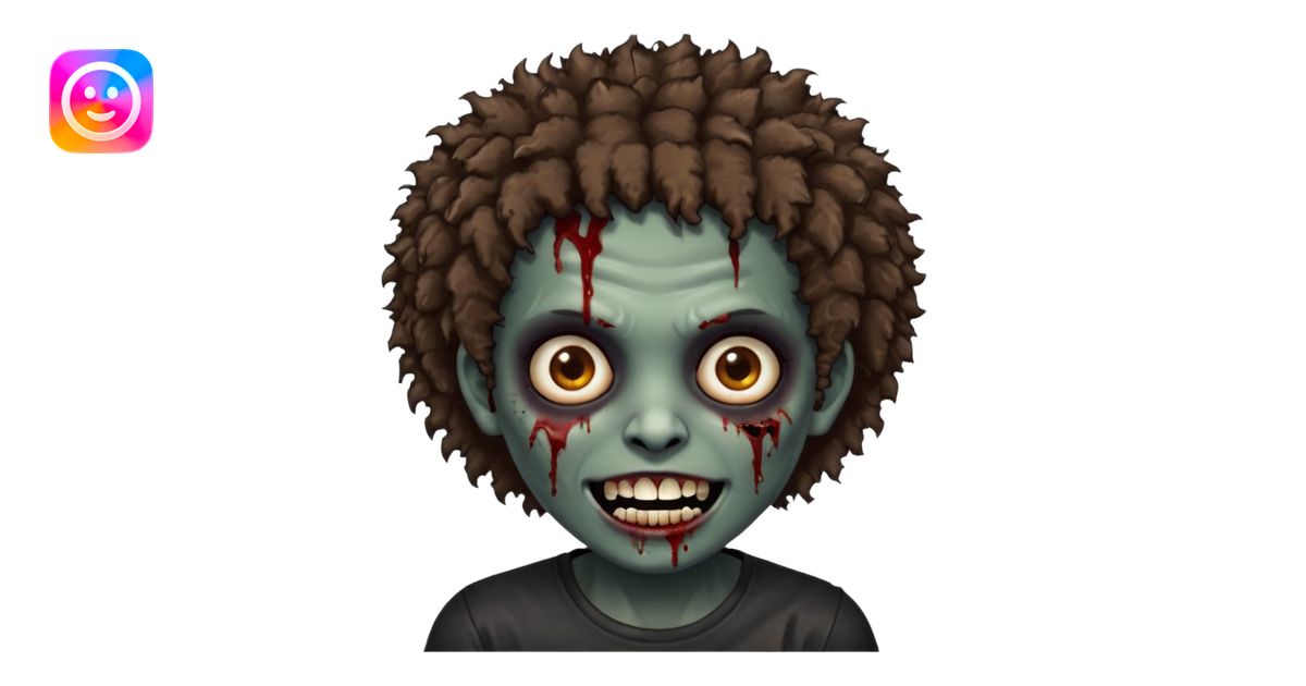 zombie with brown skin, short messy afro hair, wide centered brown eyes ...