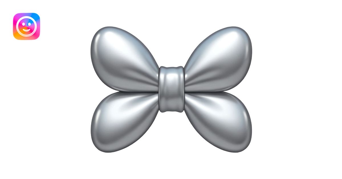 A cute bow emoji made of polished silver chrome, smooth rounded loops ...