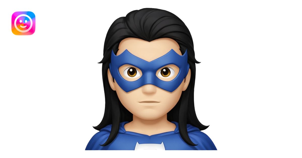 Long black hair boy with superhero mask emoji | AI Emoji Generator
