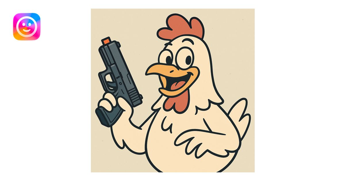 cartoon chicken holding a Glock-style toy gun with an orange safety tip ...