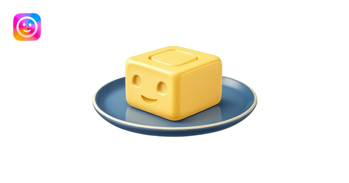A 3D cartoon yellow butter block on a dish with soft light, Memoji ...