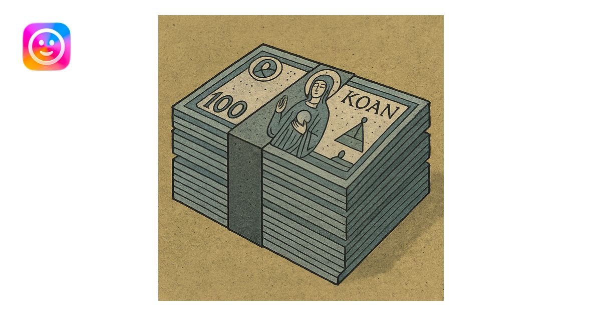 a neat bound stack of blue-and-white banknotes, koan bills , 90s ...