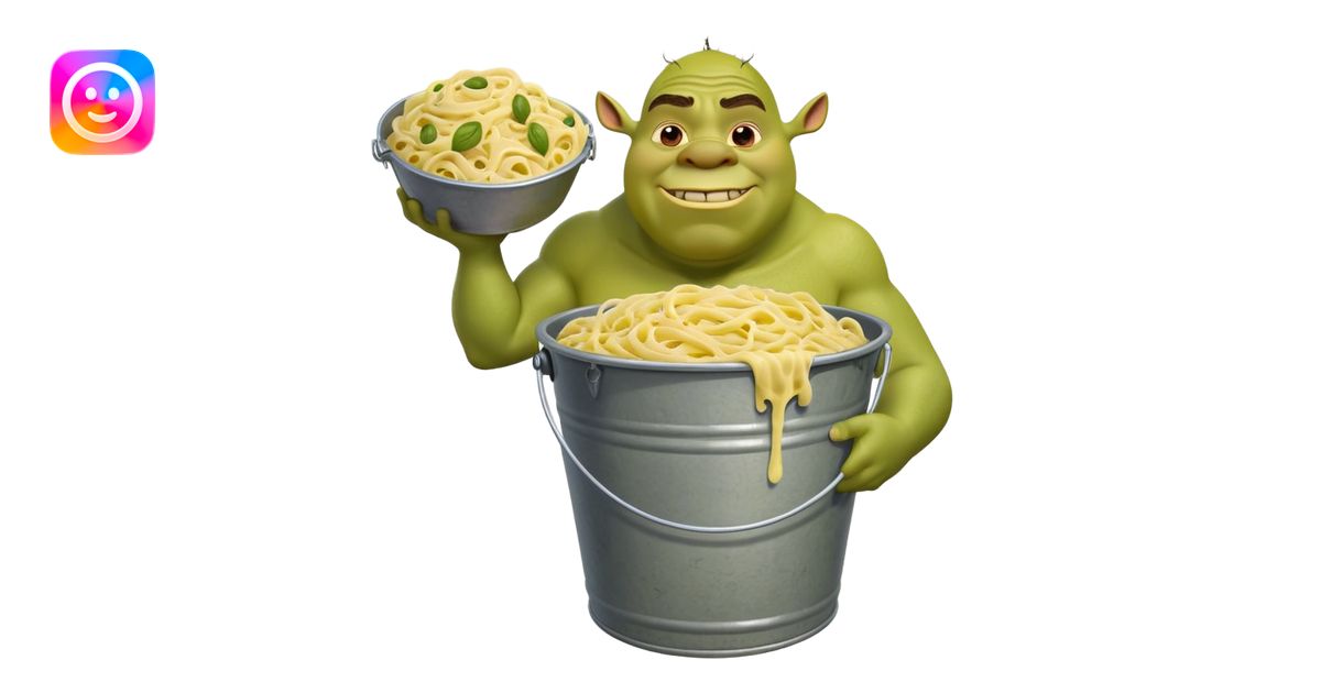 Shrek the green ogre holding a huge oversized bucket overflowing with ...