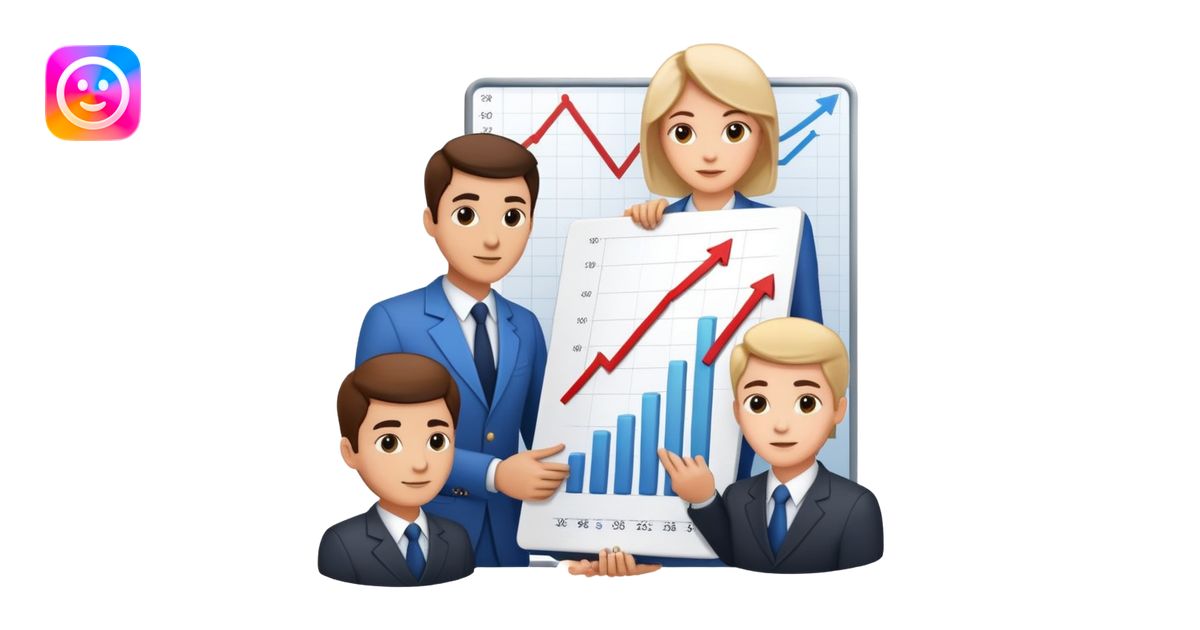 Professional leader with chart showing growth, presenting to team emoji ...