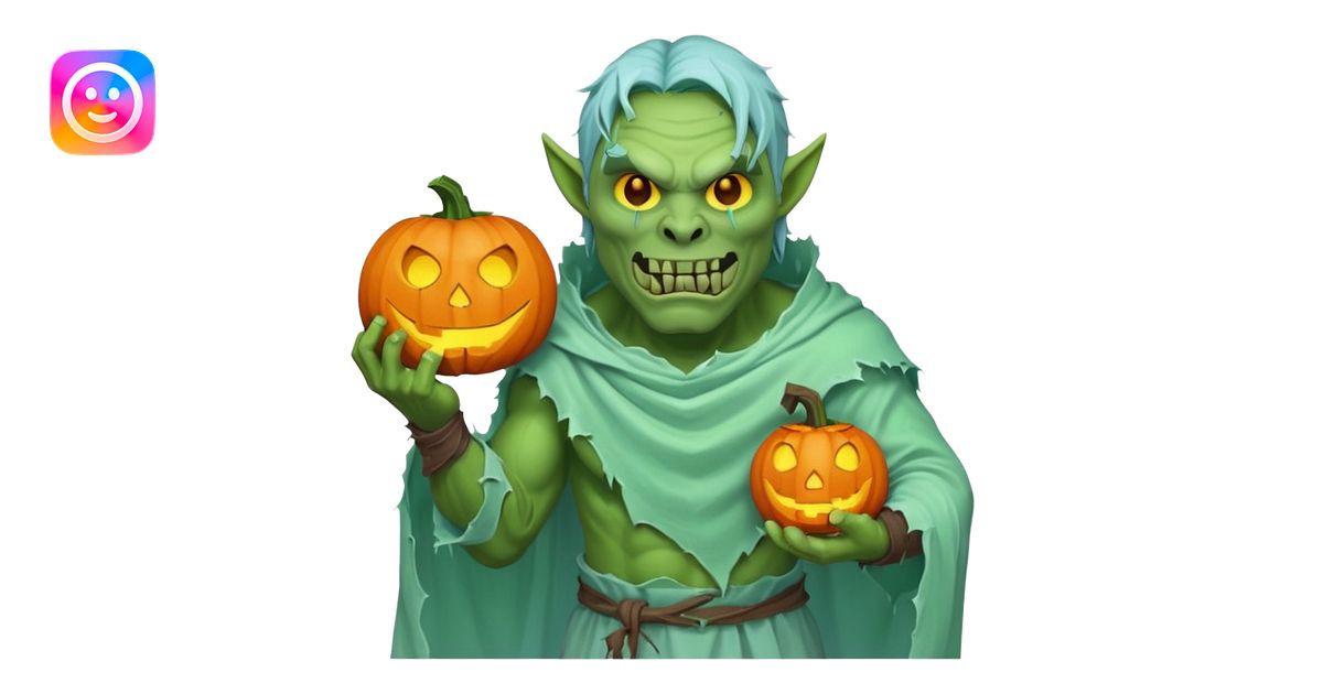 male orc ghost emoji, green skin, tusks, wearing torn white ghost sheet ...