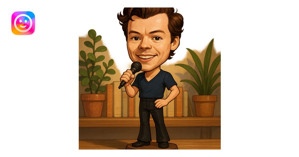 illustration of a pop singer with a microphone in bobblehead style meme | AI Emoji Generator