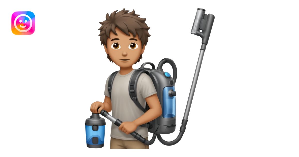 Madman cleaning car with a vacuum in a backpack emoji | AI Emoji Generator