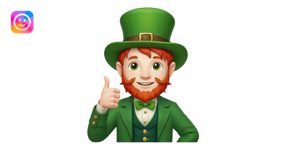leprechaun looking up, and giving a thumbs up. on his left hand, he is ...