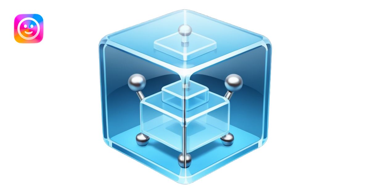 Isometric 3D transparent glass cube with rounded edges, corner bolts ...