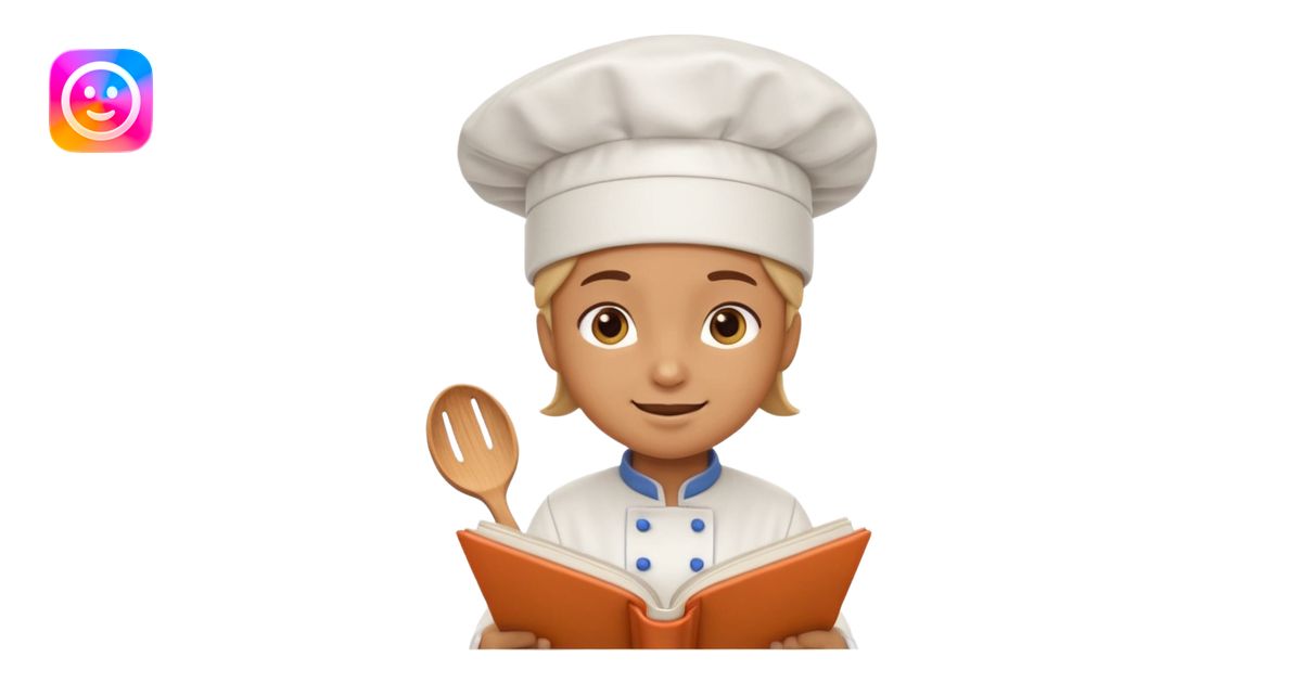 cute emoji-style character reading a cookbook, happy expression, chef ...