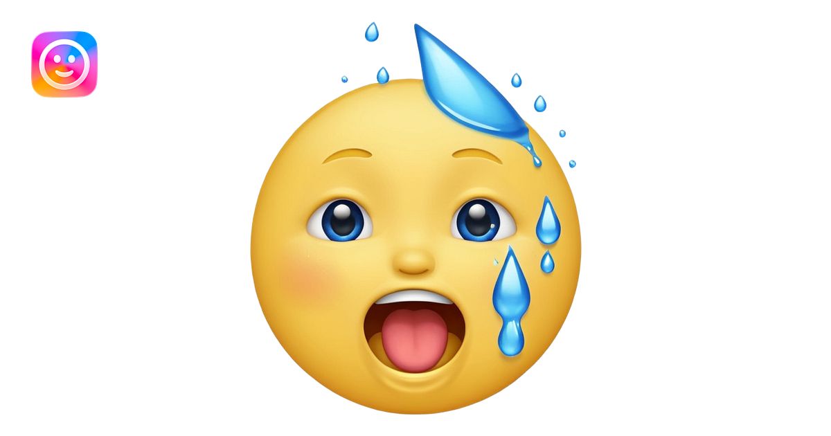 Emoji, yellow round laughing face, open mouth with Splashing blue tears ...