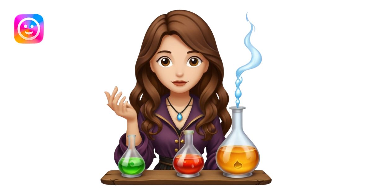 alchemist woman long wavy brown hair tattoos tasting potion drop emoji ...