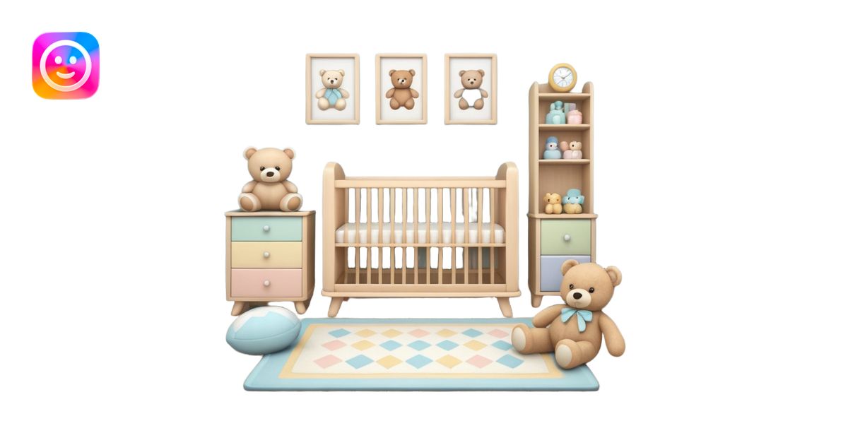 baby room, Crib beside toy shelf and rug emoji | AI Emoji Generator