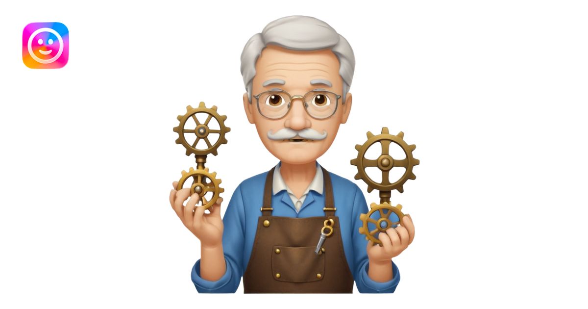 A gentle elderly inventor with tidy mustache, apron, and miniature ...